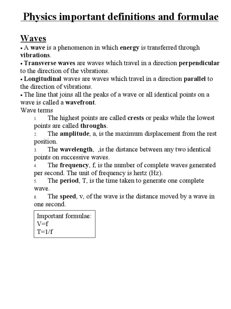 Physics Important Definitions and Formulae Light and Waves | PDF | Lens ...