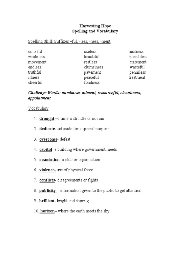 Harvesting Hope Spelling Vocab | PDF