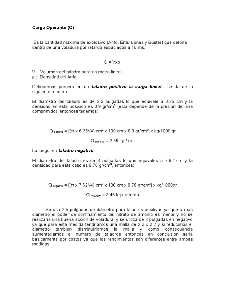 Cálculo de Carga Operante en Voladuras | PDF | Métodos y materiales de ...
