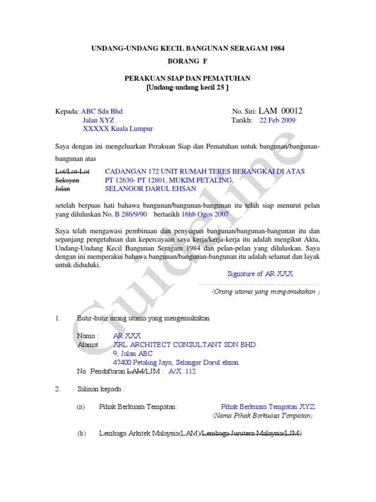 Borang F Perakuan Siap Bangunan | PDF