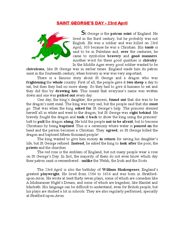 SAINT GEORGE Day Worksheet | PDF | William Shakespeare | Linguistic ...