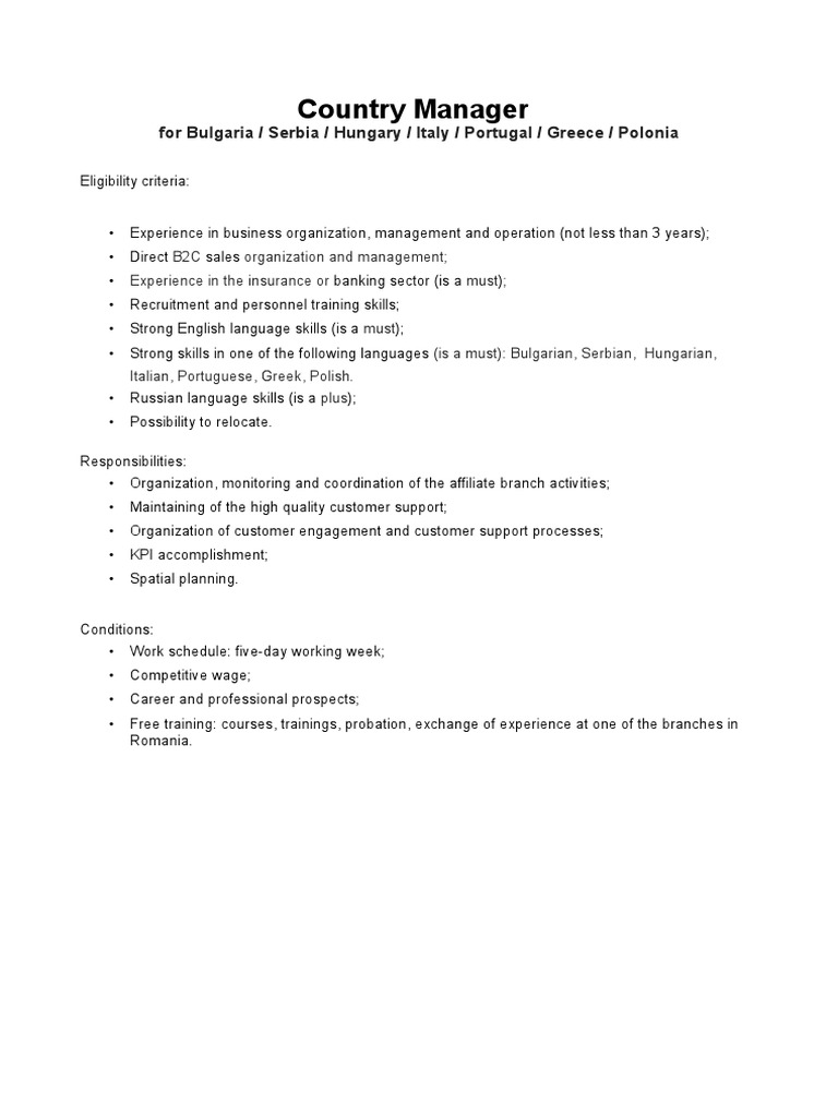 Job Description Country Manager | PDF | Europe Travel