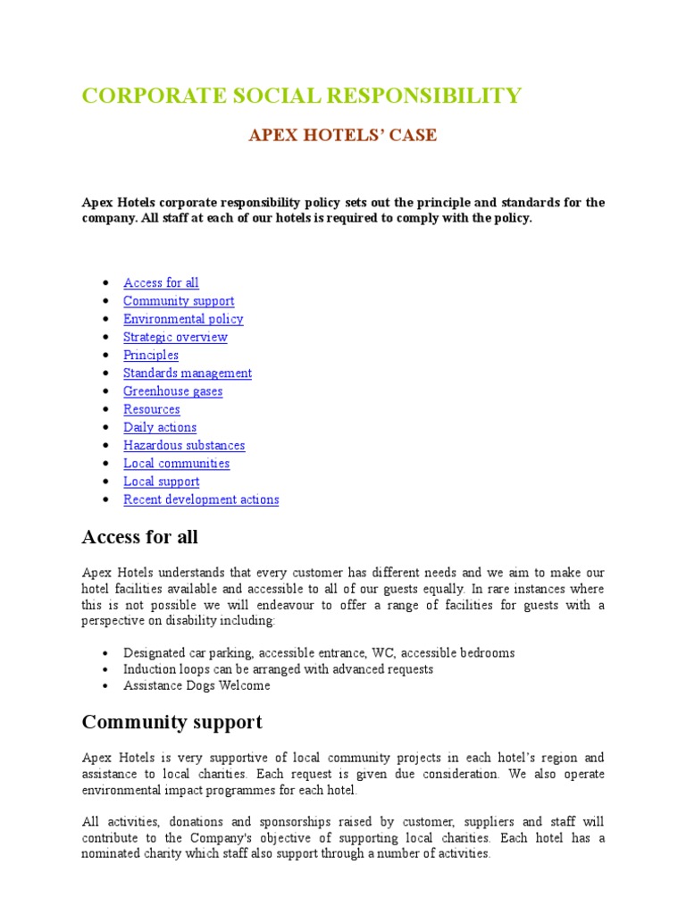 Corporate Social Responsibility: Apex Hotels' Case | PDF | Reuse ...