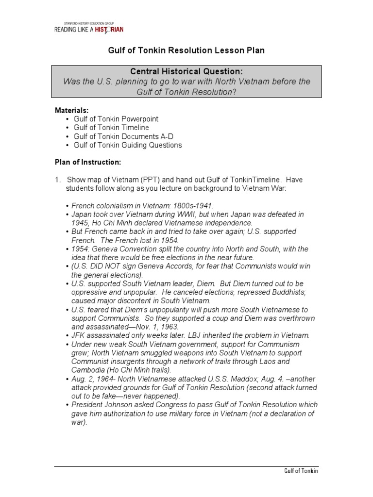 Gulf of Tonkin Resolution Lesson Plan | PDF | Vietnam War | North Vietnam