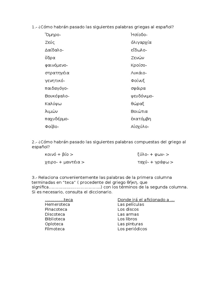 Ejercicios Etimología GRIEGO | PDF | Estudios de idiomas extranjeros