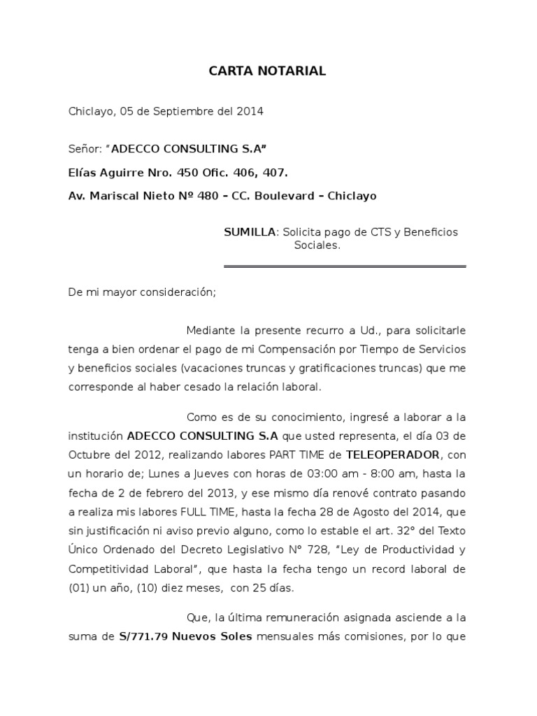 Carta Notarial - Requerir Pago de Liquidacion - Rocio Neciosup Millones ...