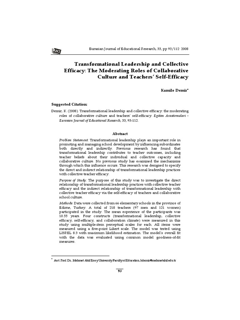 Transformational Leadership and Collective Efficacy - The Moderating Roles of Collaborative ...