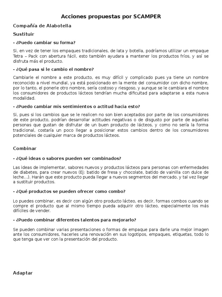 Acciones Propuestas Por SCAMPER | PDF | Producto (Negocio) | Productos ...