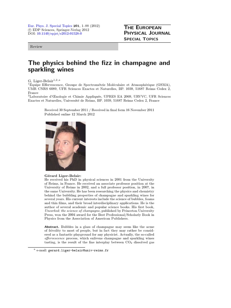 The Physics Behind The Fizz in Champagne and Sparkling Wines | PDF | Carbon Dioxide | Champagne