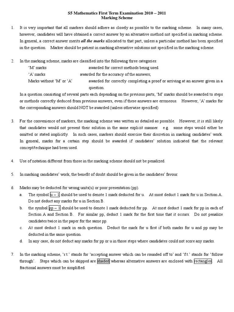 S5 Mathematics First Term Examination 2010 Marking Scheme | PDF ...