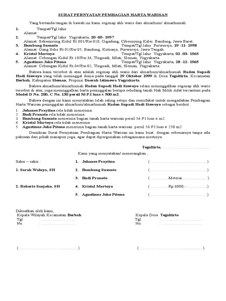 Surat Pernyataan Pembagian Waris | PDF