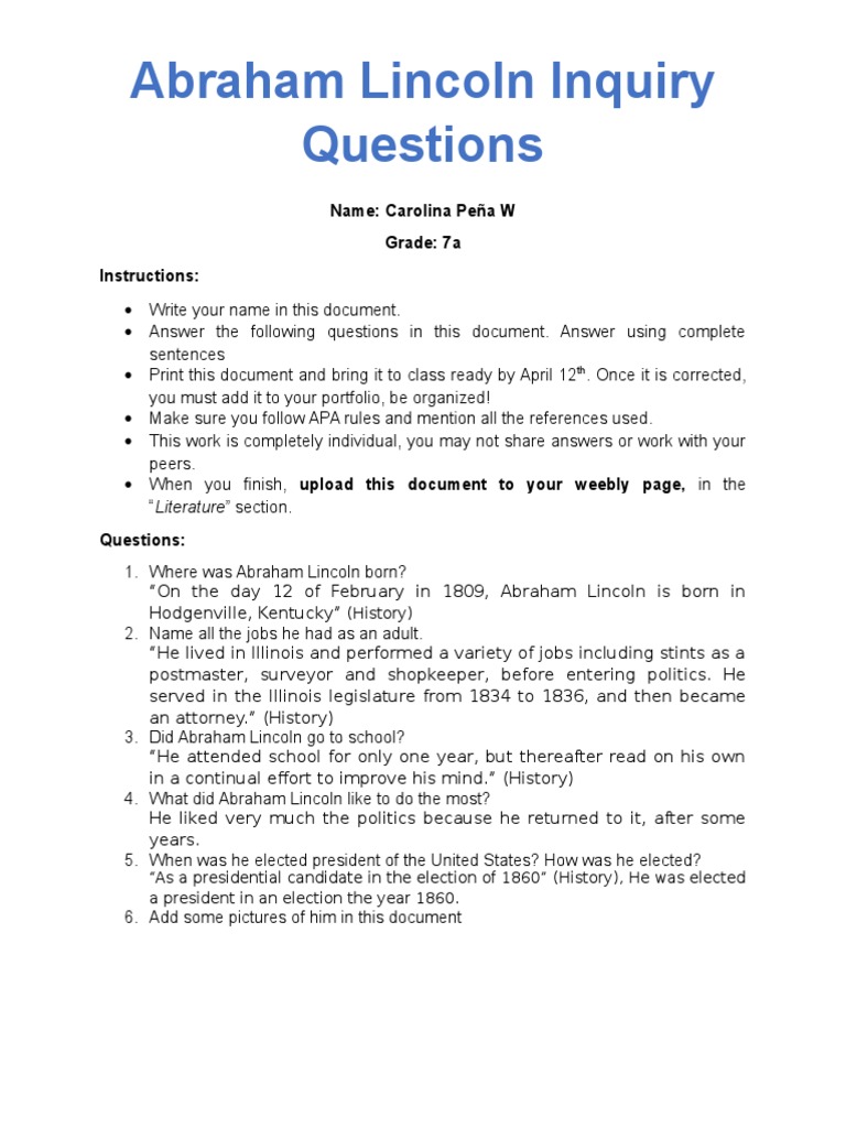 7th Grade Lincoln Assignment | PDF | Abraham Lincoln | Abolitionism