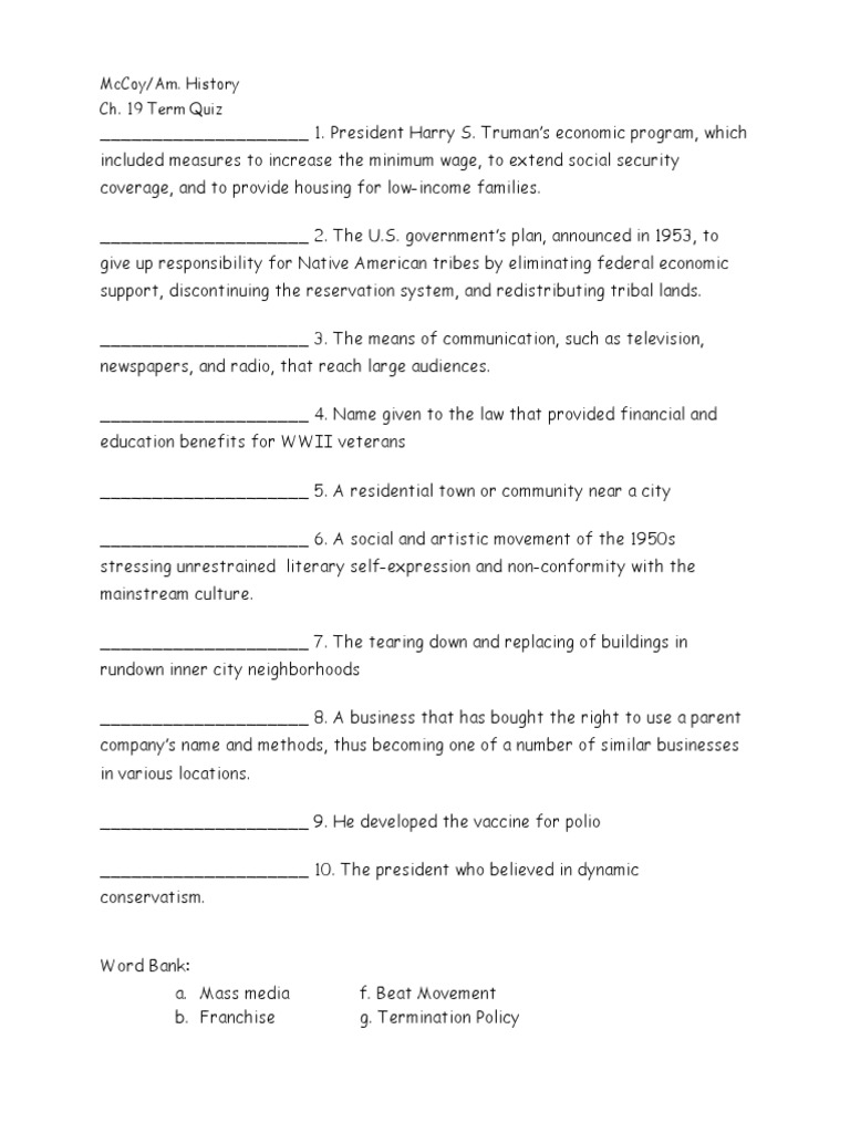 American History Chapter 19 Quiz | PDF