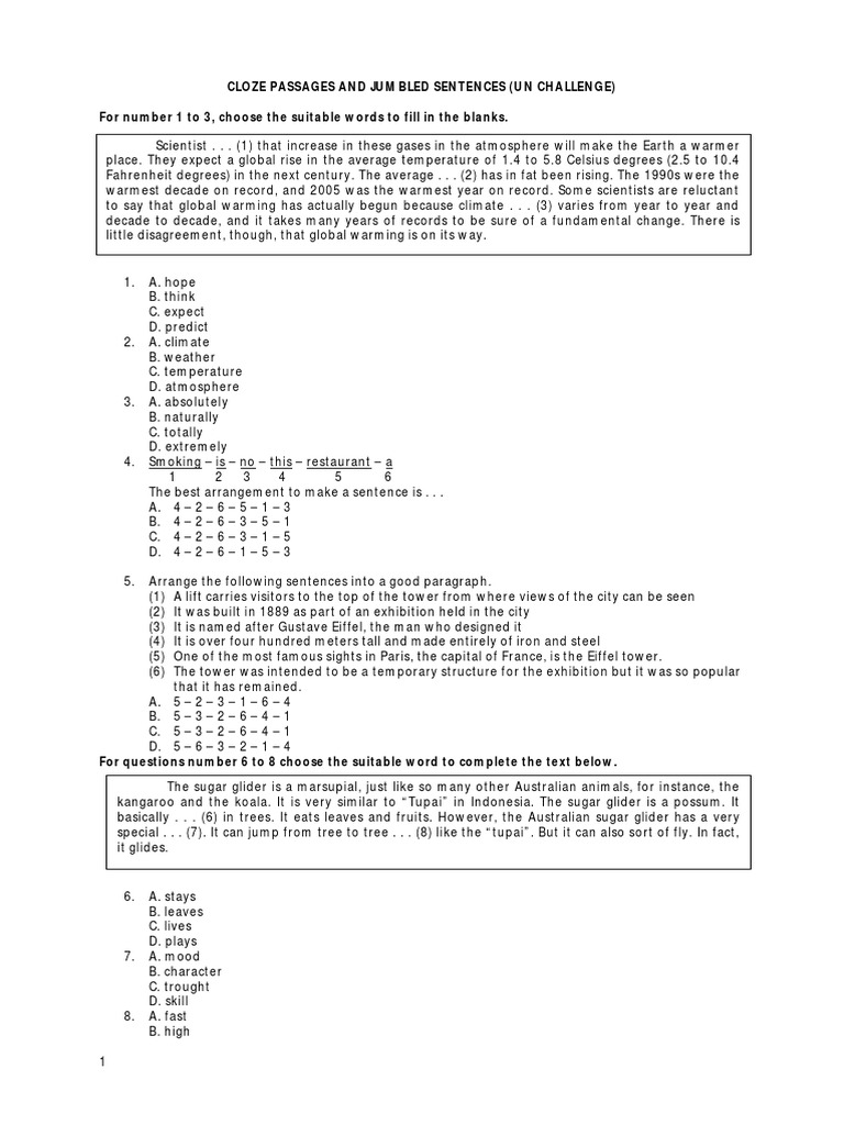 Cloze Passage For SMP Kls 3 | PDF | Textiles | Celsius