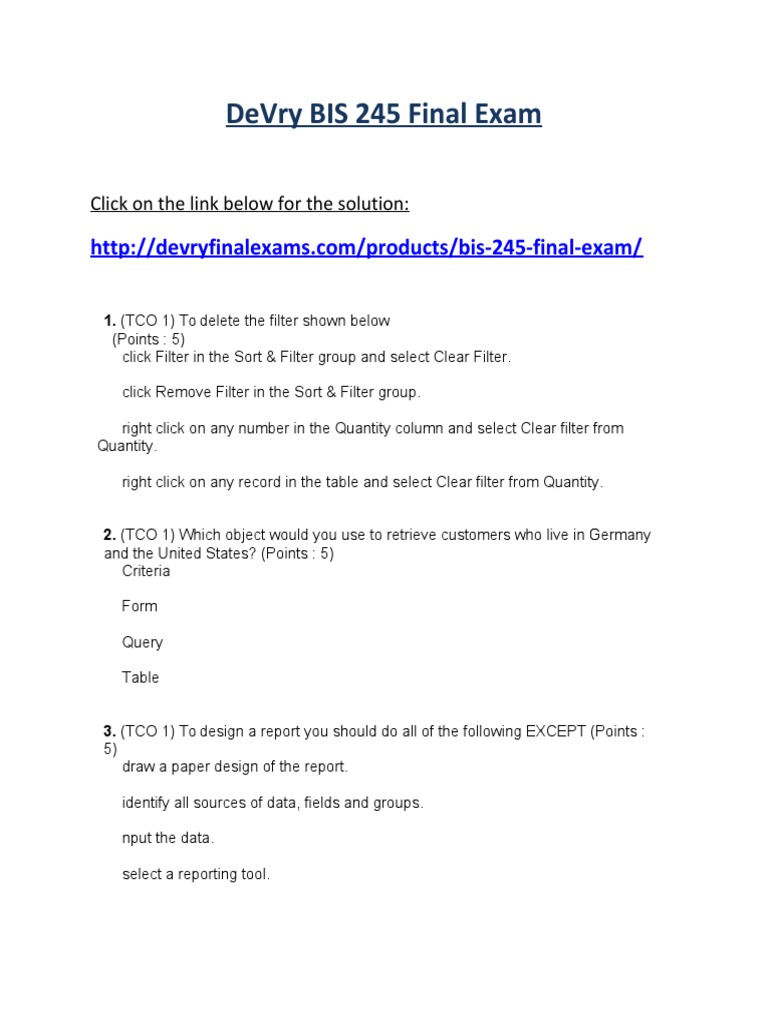DeVry BIS 245 Final Exam 100% Correct Answer | PDF | Database Index | Databases
