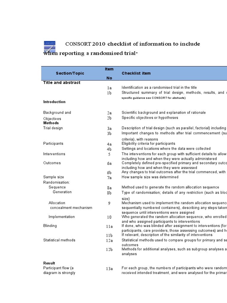 CONSORT 2010 Checklist of Information To Include When Reporting A Randomised Trial | PDF ...