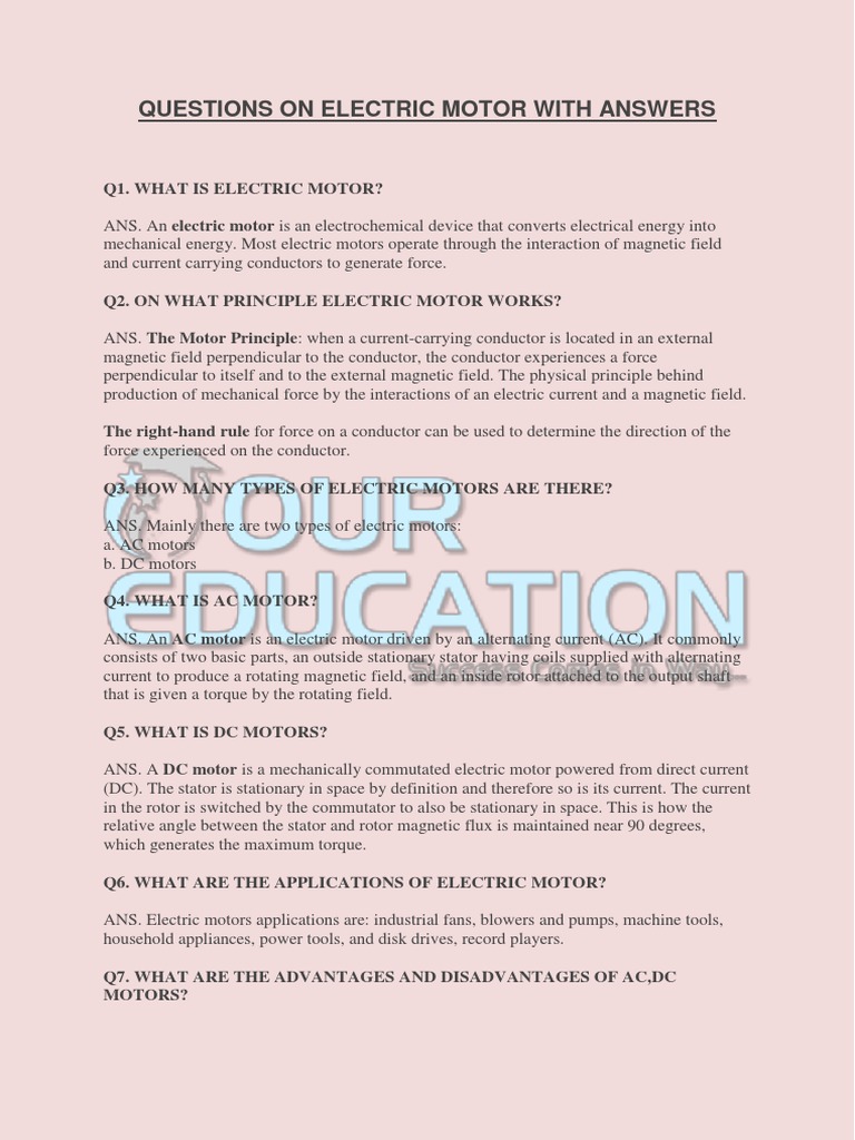 Questions On Electric Motor With Answers | PDF | Electric Motor | Engines