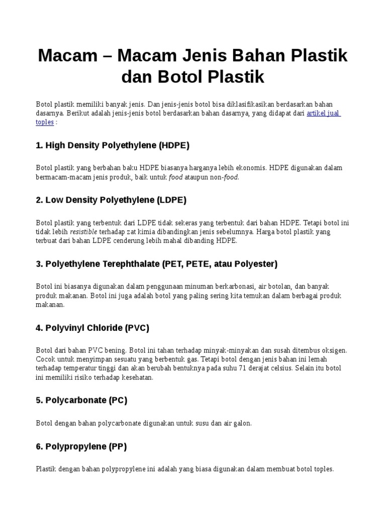 Jenis-Jenis Botol Plastik | PDF