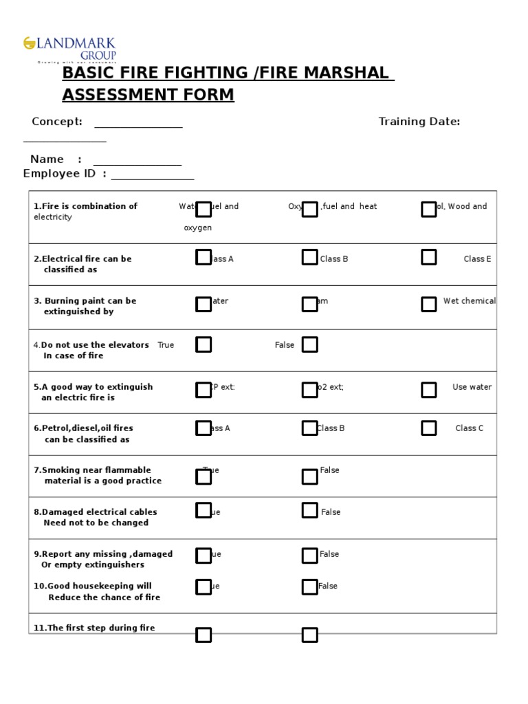 Basic Fire Fighting /fire Marshal Assessment Form: Concept | PDF ...