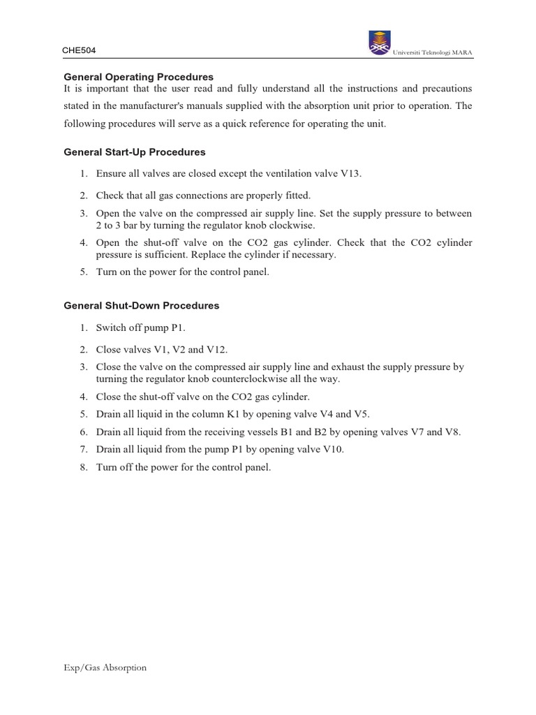 General Operating Procedures: Exp/Gas Absorption | PDF | Valve | Pump