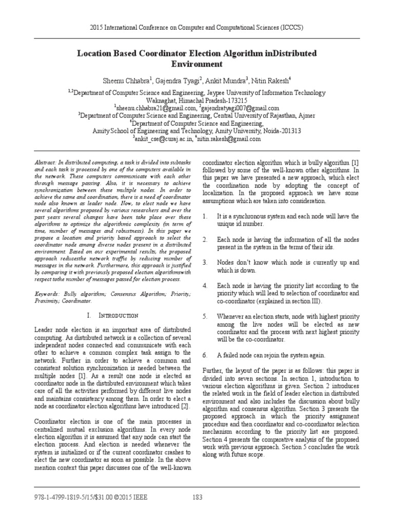 Location Based Coordinator Election Algorithm Indistributed Environment | PDF | Distributed ...