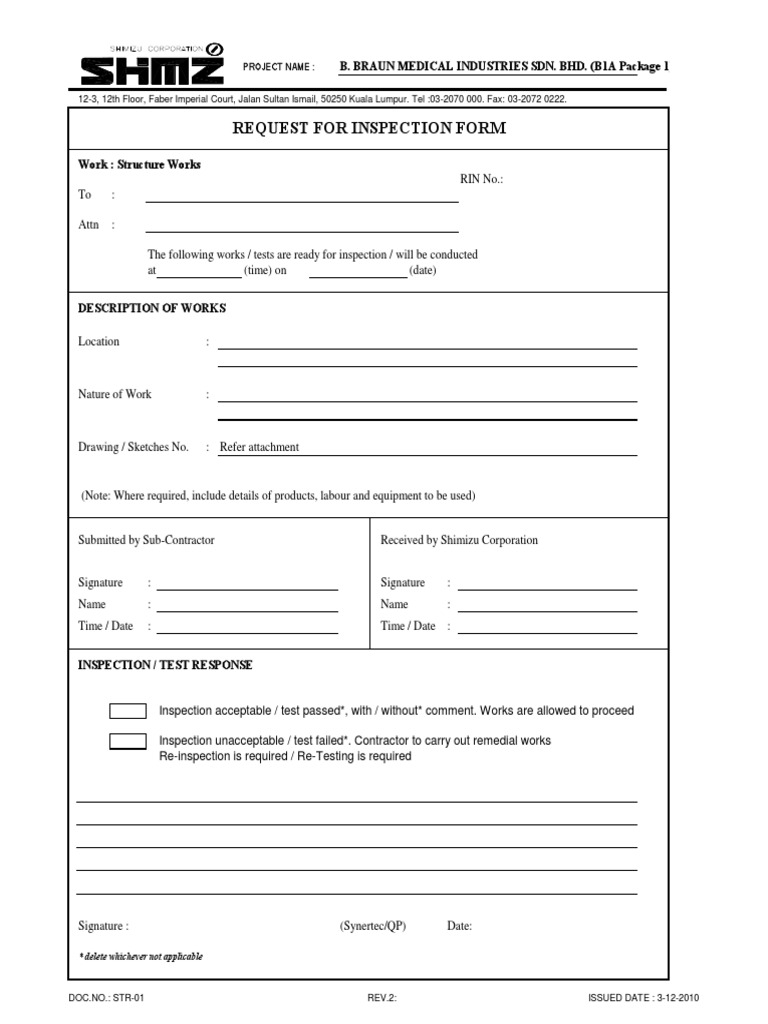 Request For Inspection Form: B. Braun Medical Industries Sdn. Bhd. (B1A ...
