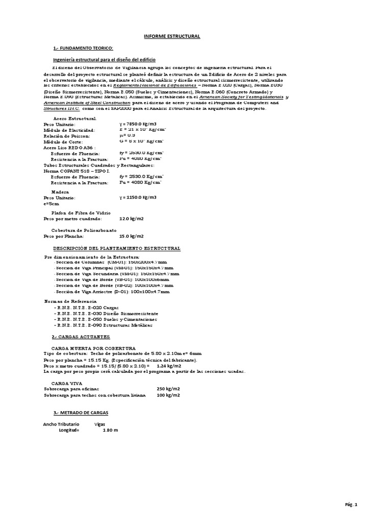 Informe Estructural Observatorio | PDF | Acero | Ingeniero civil