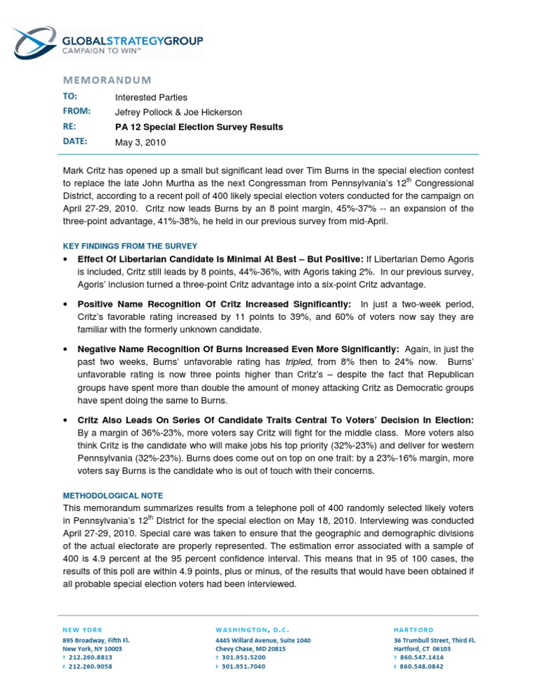 PA 12 Survey Memo 5.3.10 | PDF | Opinion Poll | Politics Of The United ...