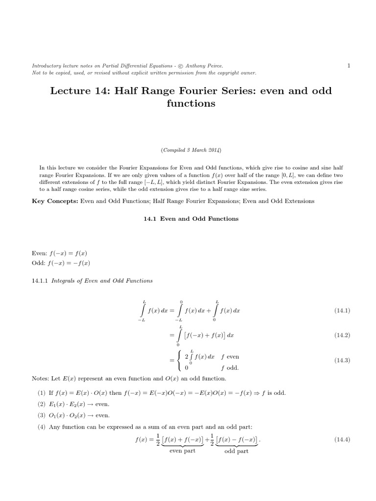 Lecture 14: Half Range Fourier Series: Even and Odd Functions ...