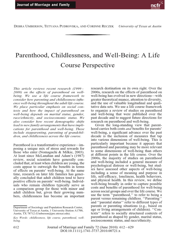 Parenthood, Childlessness, and Well-Being: A Life Course Perspective ...
