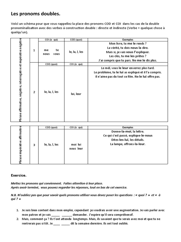 Guide des pronoms doubles en français | PDF | Complément d'objet | Phrase
