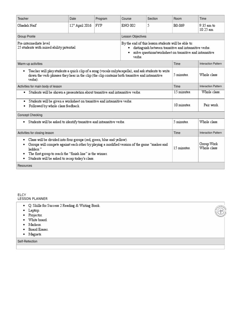 Lesson Plan: Transitive vs. Intransitive Verbs | PDF