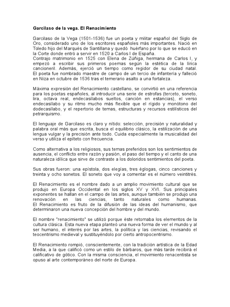 Comentario de Texto Del Soneto XXIII de Garcilaso de La Vega | PDF ...