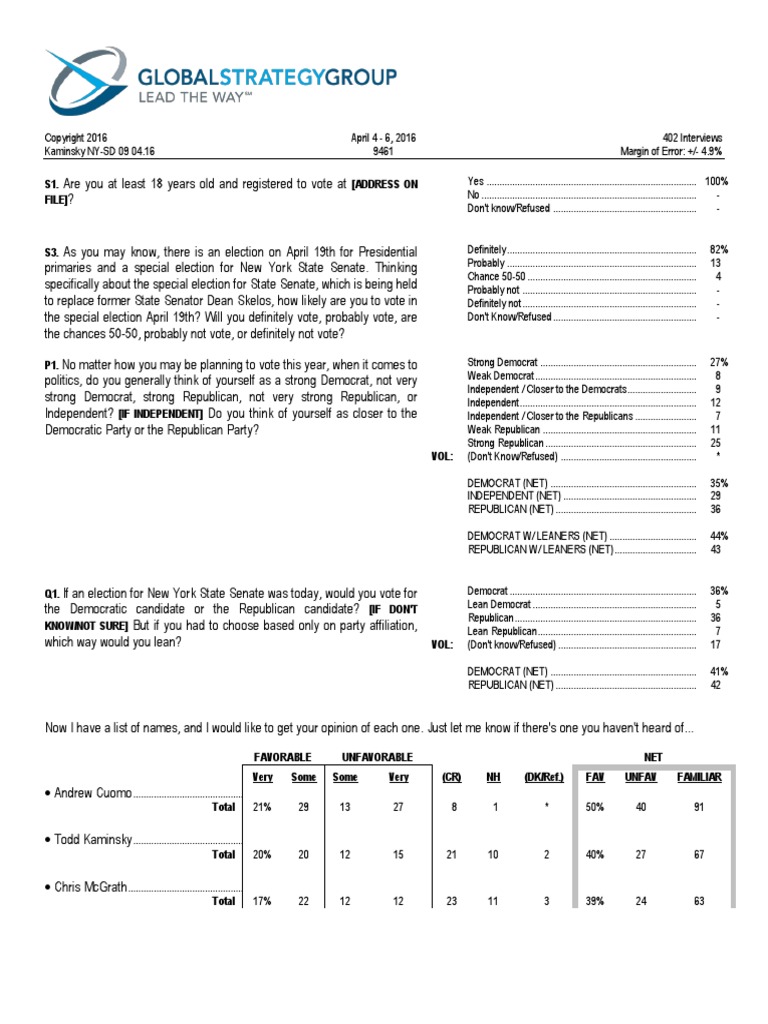 Kaminsky April Tracker Topline | PDF | New York State Senate ...