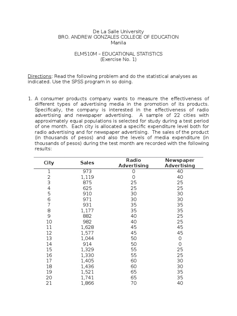 Statistics Exercise No. 1 | PDF | Experiment | Analysis Of Variance