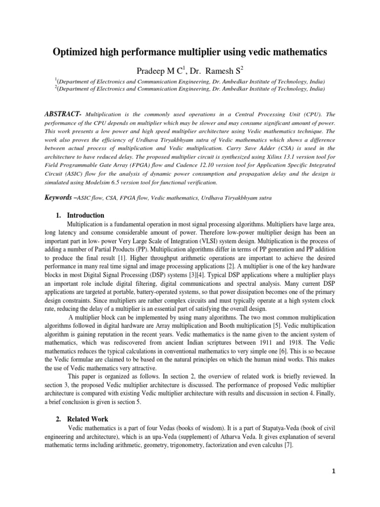 Optimized High Performance Multiplier Using Vedic Mathematics | PDF | Field Programmable Gate ...