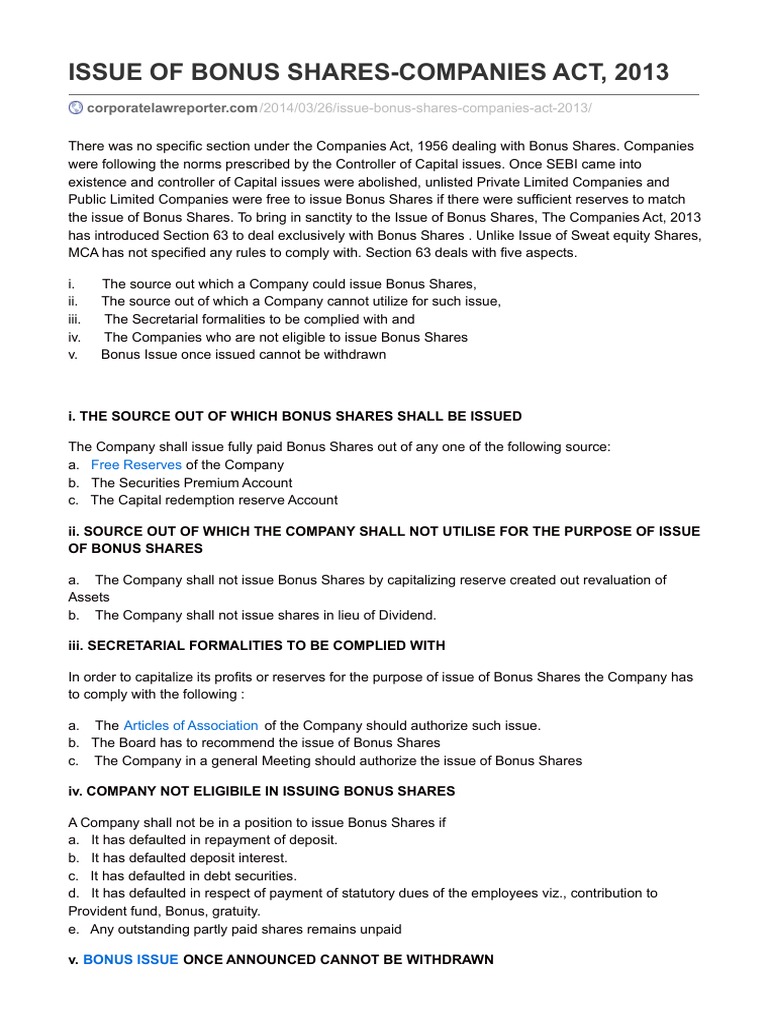 Bonus Shares Issuance Guide 2013 | PDF | Articles Of Association ...