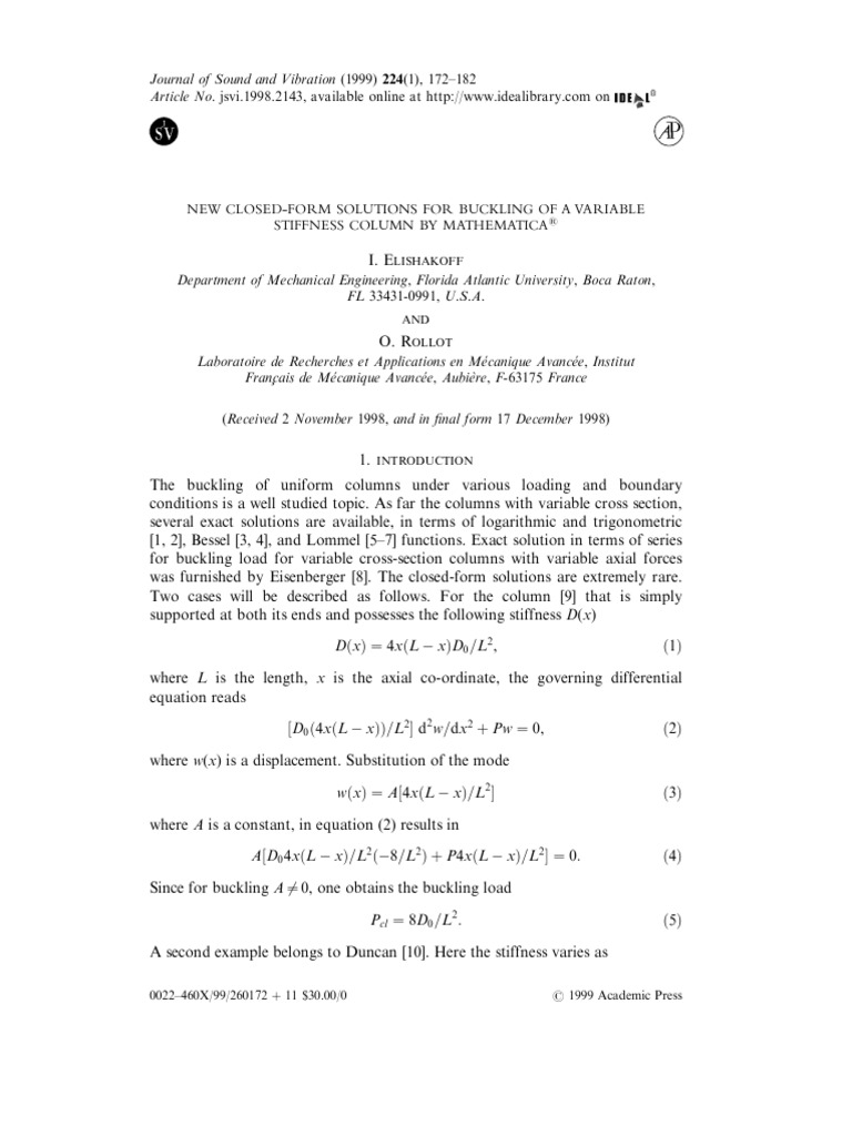 Solutions For Buckling of A Variable Stiffness Column by Mathematica ...