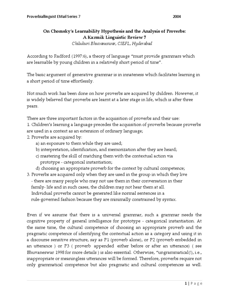 On Chomsky's Learnability Hypothesis A Karmik Linguistic Review | PDF | Language Acquisition ...