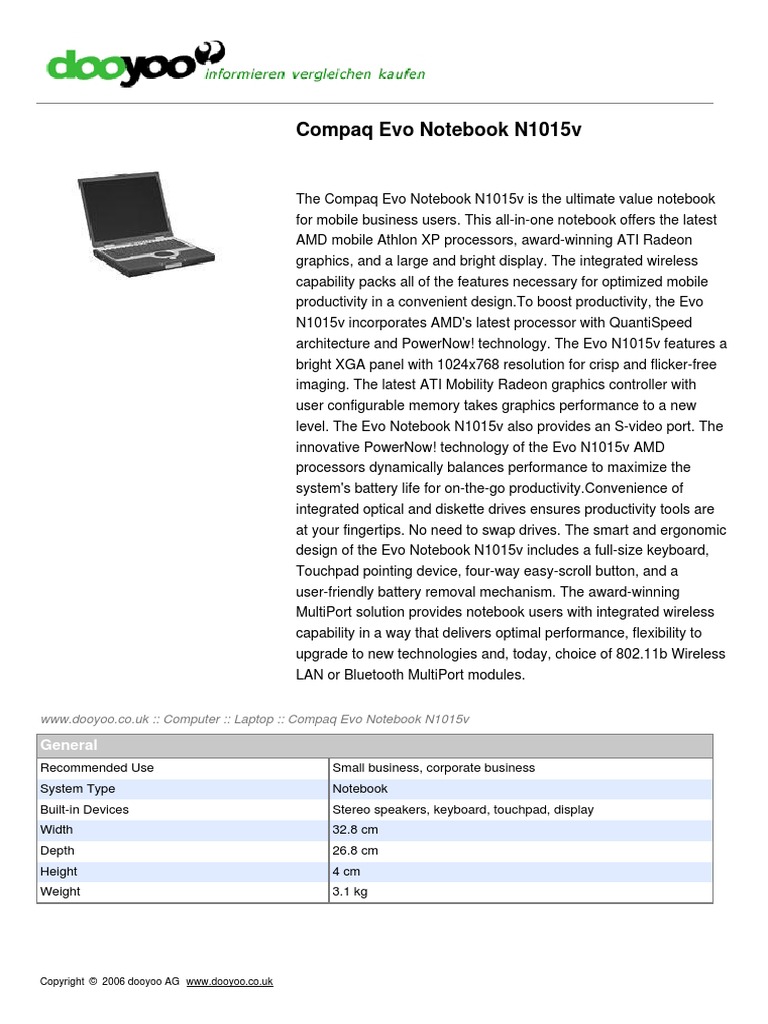 Compaq Evo Notebook N1015v: General | Download Free PDF | Laptop ...