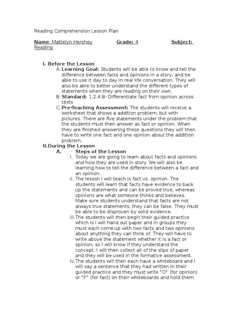 4th Grade Fact vs. Opinion Lesson Plan | PDF | Educational Assessment ...