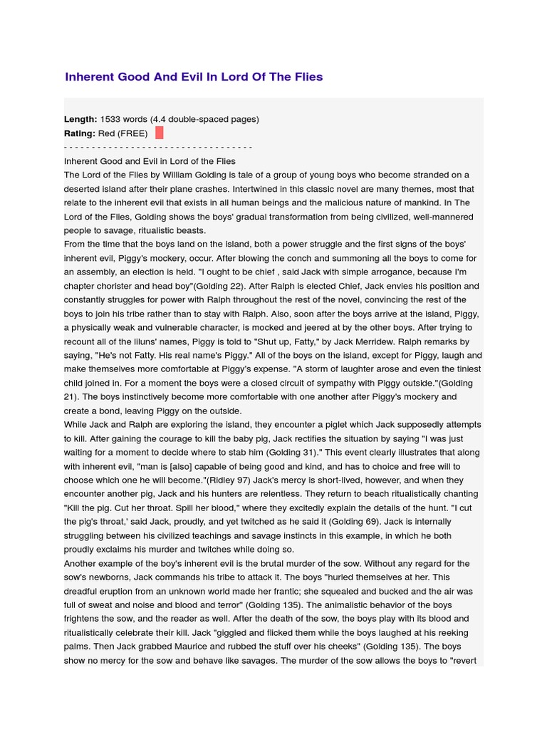 Inherent Good and Evil in Lord of The Flies | PDF | Science ...
