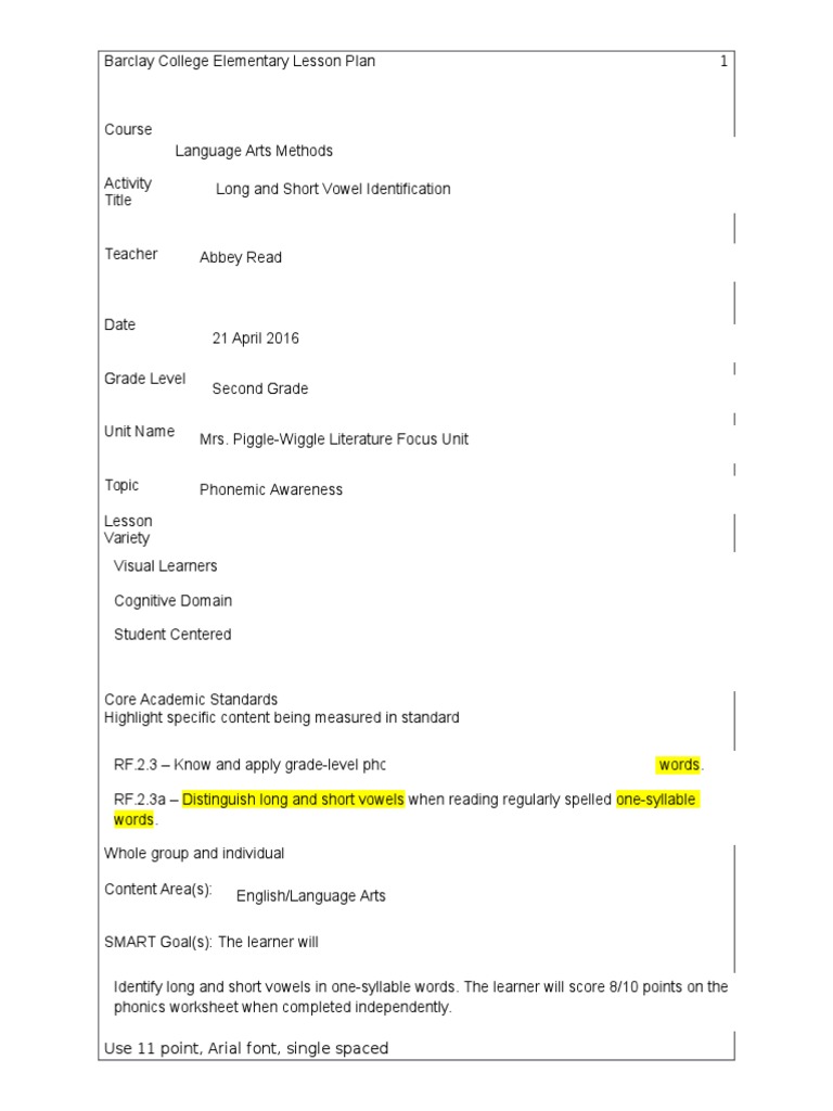 Long and Short Vowels Lesson Plan | PDF | Phonics | Lesson Plan