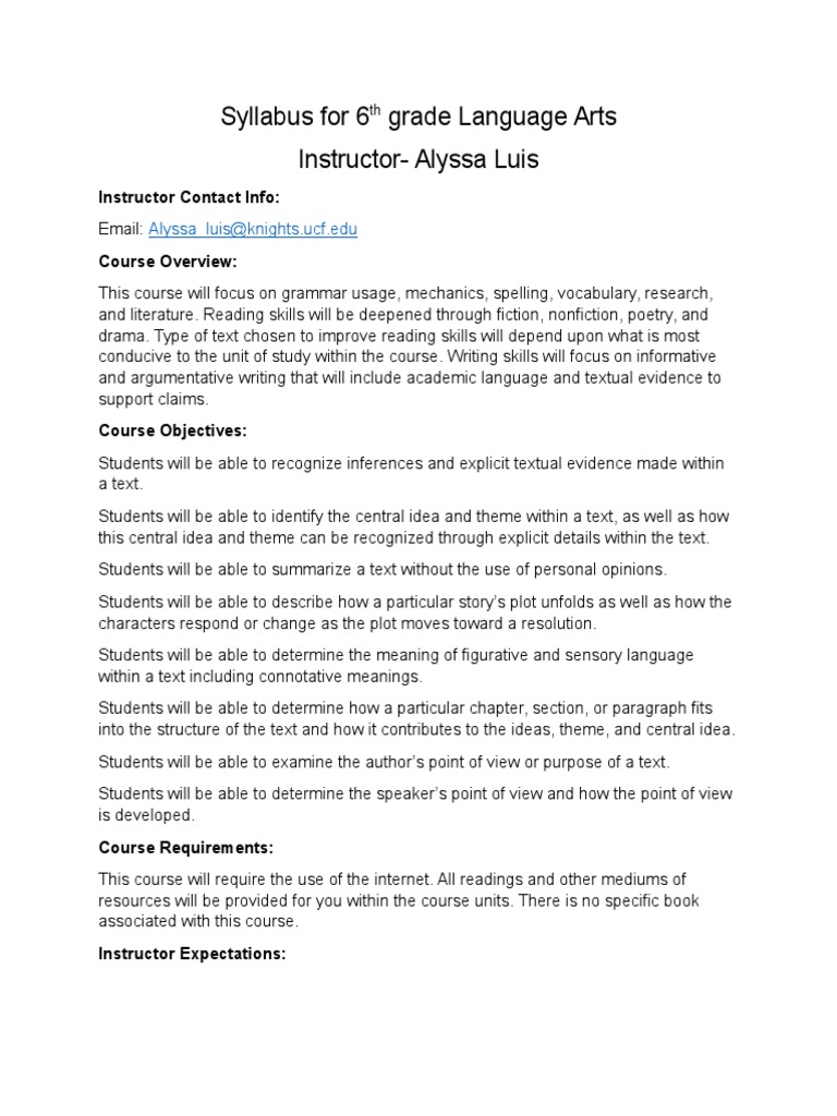 6th Grade Language Arts Syllabus | PDF | Test (Assessment ...