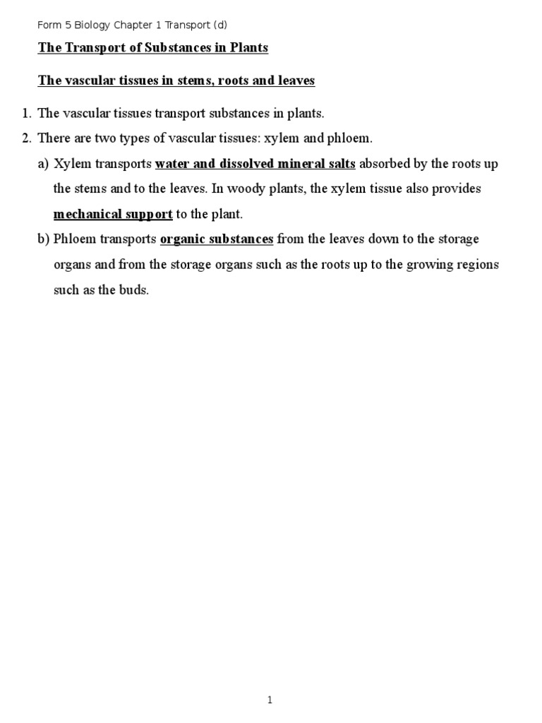Form 5 Biology Chapter 1 Transport (D) | PDF | Tissue (Biology) | Root