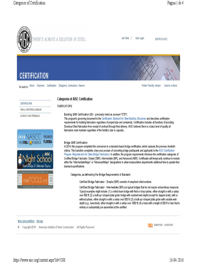 Categories of AISC Certification | Download Free PDF | Professional ...