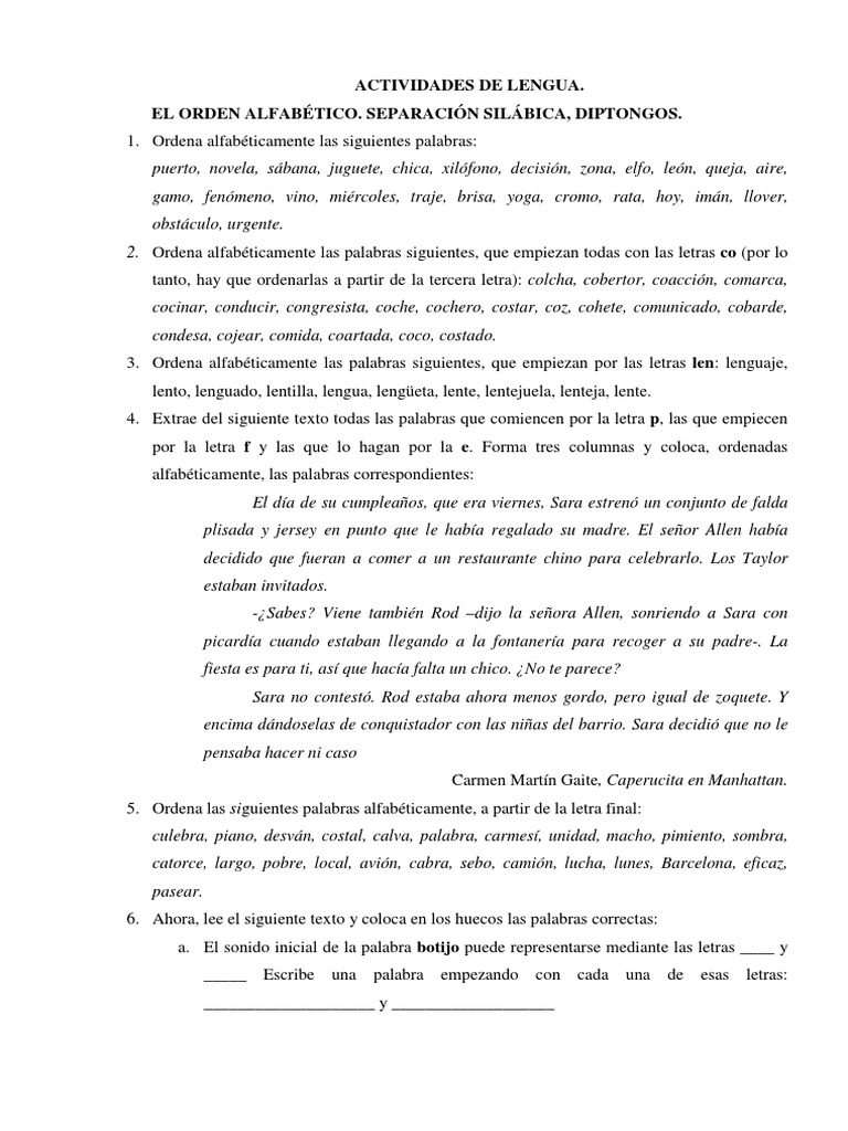El Orden Alfabético Actividades | PDF | Sílaba | Fonética