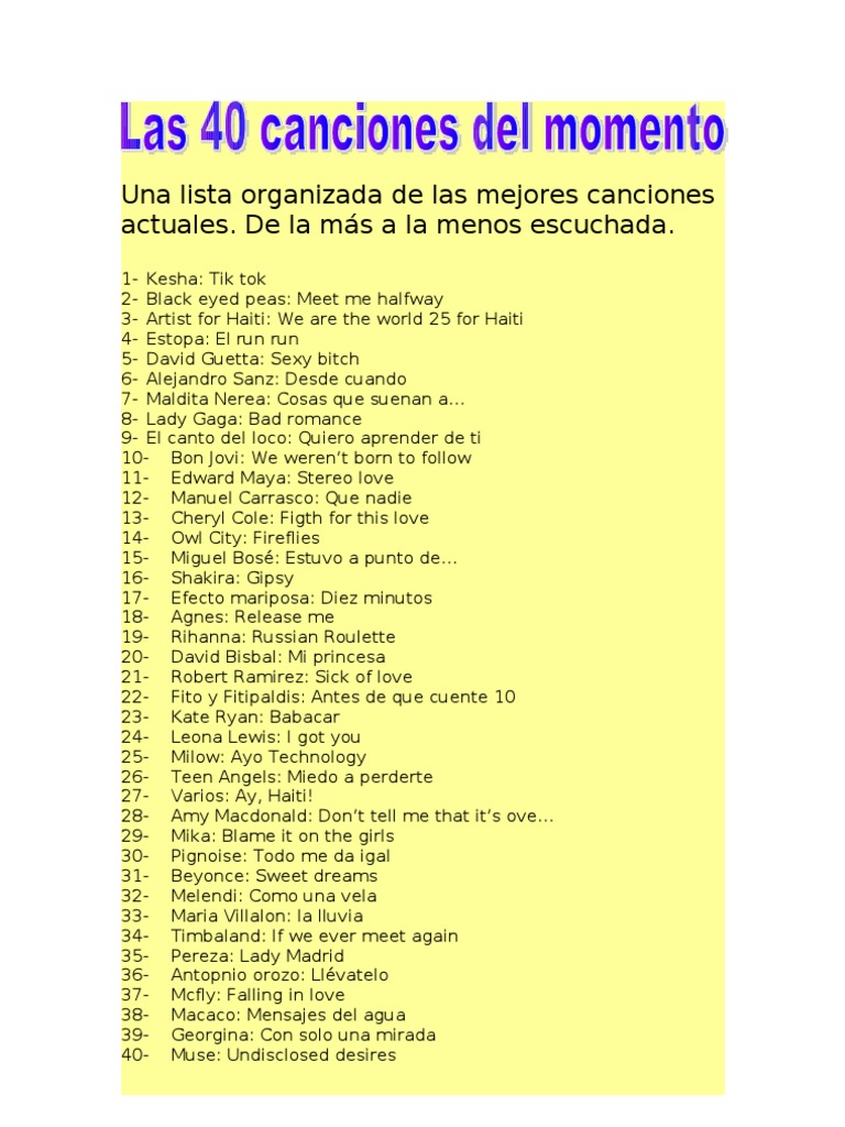 Una Lista Organizada de Las Mejores Canciones Actuales | PDF | Música ...