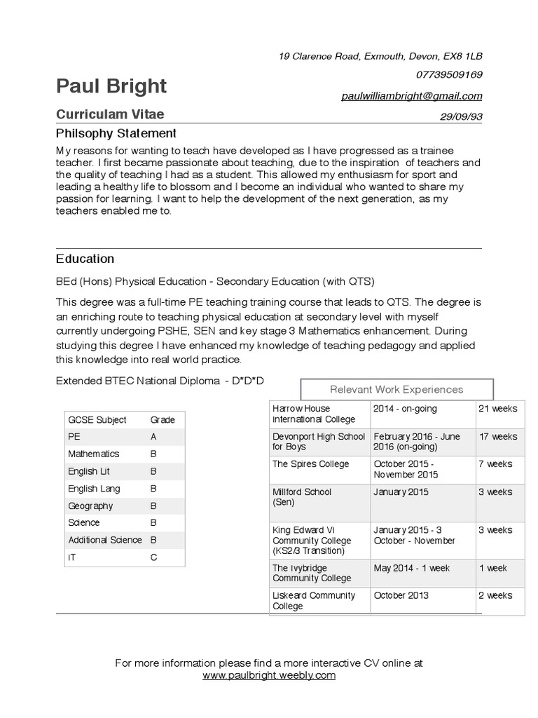 Paul Bright's Teaching CV | PDF | Wellness