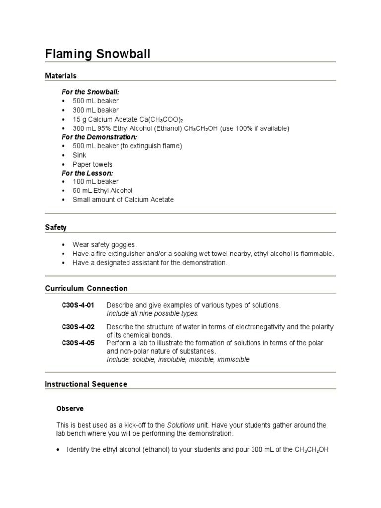 Flaming Snowball Instruction & Questions | PDF | Solution | Ethanol